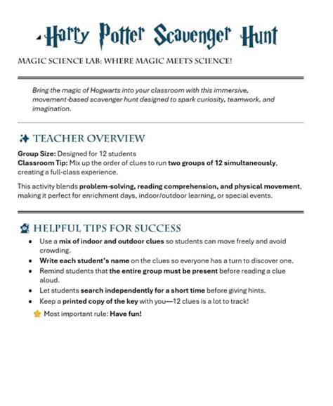 Editable And Printable Harry Potter Scavenger Hunt For Classroom