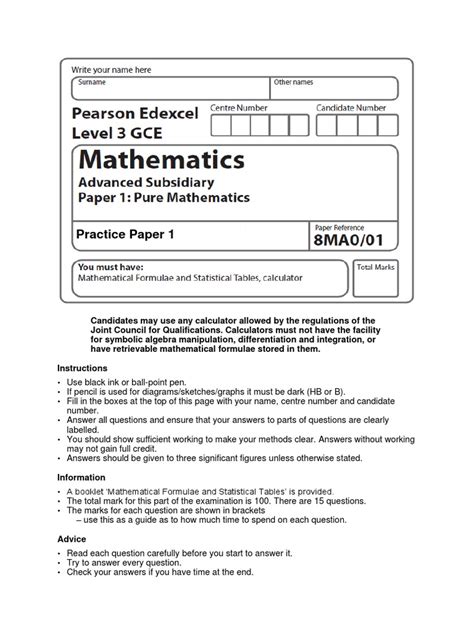 8ma0 01 As Pure Mathematics Practice Paper 1 Pdf Circle Equations