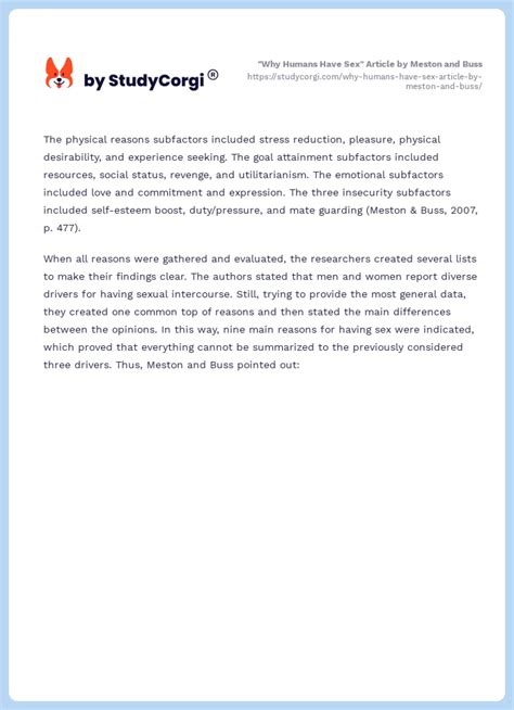 Why Humans Have Sex Article By Meston And Buss Free Essay Example