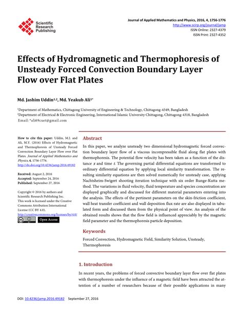 Pdf Effects Of Hydromagnetic And Thermophoresis Of Unsteady Forced Convection Boundary Layer
