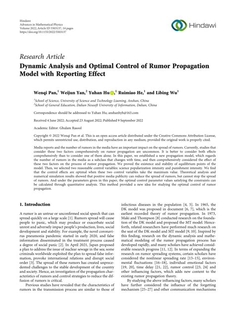 Pdf Dynamic Analysis And Optimal Control Of Rumor Propagation Model With Reporting Effect