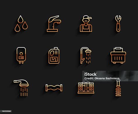 세트 라인 샤워 산업 금속 파이프 물 방울 물 화장실 브러시 드레인 클리너 병 도구 상자 및 아이콘테스트 튜브 벡터 건강 검진에