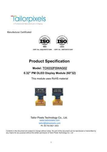 product specification model tox130kswlg01 1 3″ oled display module 128