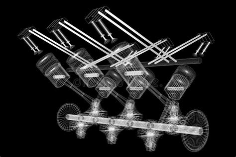 Sex Cylinder 3d Bilmotor Wireframe Svart Bakgrund Stock