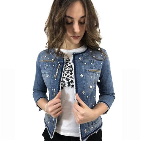 Giacca Liu•jo In Denim Con Perle E Strass Emblema Store