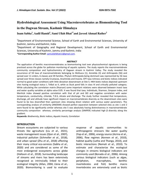 Pdf Hydrobiological Assessment Using Macroinvertebrates As Biomonitoring Tool In The Dagwan
