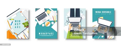 작업장 플랫 스타일 커버 세트 노트북 문서 및 서류 서류 사무실 작업 작업 영역 관리 창조적 인 디자인 벡터 일러스트레이션 개념에 대한 스톡 벡터 아트 및 기타 이미지