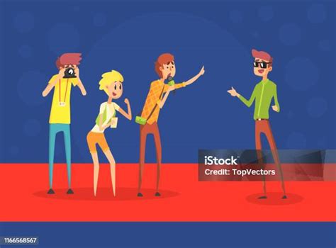 기자 인터뷰 연예인 포토 래퍼 남성 유명 인의 사진을 만들기 매스 미디어 뉴스 기자 파파라치 벡터 일러스트 남자에 대한 스톡