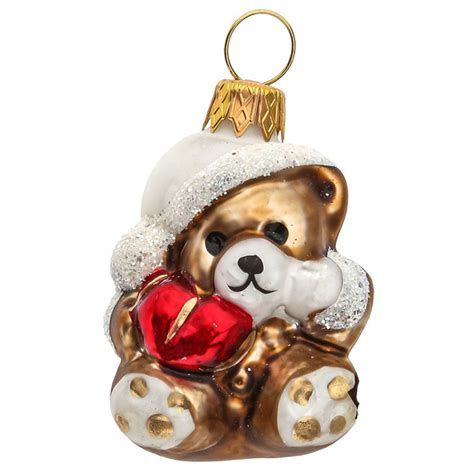 Елочная игрушка фигурка стеклянная Медвежонок с сердечком мини H5см ручная художественная