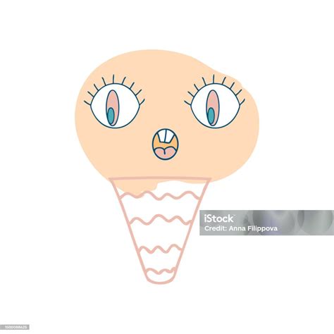 복고풍 스타일의 멍청한 눈을 가진 놀란 얼굴 아이스크림 콘 캐릭터 티 스티커 포스터를 위한 완벽한 인쇄 장식과 디자인을 위한 귀여운 벡터 그림 1990년에 대한 스톡 벡터
