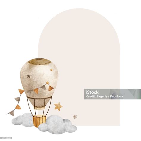 베이지 색 열기구 구름과 별 아기 항공기와 어린이 배경입니다 귀여운 수채화 고립 된 프레임 어린이 용품 엽서 베이비 샤워 및 어린이 방 0명에 대한 스톡 벡터 아트 및 기타