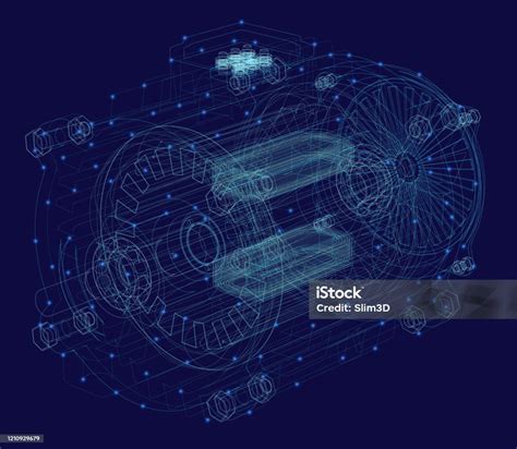 어두운 배경에 발광 조명이있는 파란색 선으로 만들어진 엔진 와이어 프레임 아이소메트릭 보기 3d 벡터 일러스트레이션 와이어 프레임 모델에 대한 스톡 벡터 아트 및 기타