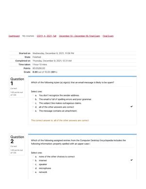 Week Thirteen Quiz CS Question Correct Points Out Of Question Incorrect Points