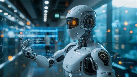 Imaginary Illustration Of Android Robot In Front Of Touch Screen In Futuristic Science Lab