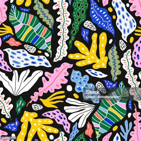 추상적인 열대 잎과 모양이 있는 매끄러운 식물 패턴 여름 대담한 정글 꽃 무늬 디자인 직물 섬유 포장지 벽지에 좋습니다 벡터 텍스처 그리기에 대한 스톡 벡터 아트 및 기타