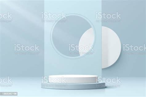 흰색 기하학적 모양을 배경으로 현실적인 파란색과 흰색 3d 실린더 받침대 연단 제품 쇼케이스 프로모션 디스플레이에 대한 최소한의 장면 추상 스튜디오 룸 플랫폼 디자인 무대