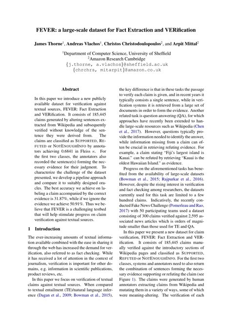 Pdf Fever A Large Scale Dataset For Fact Extraction And Verification