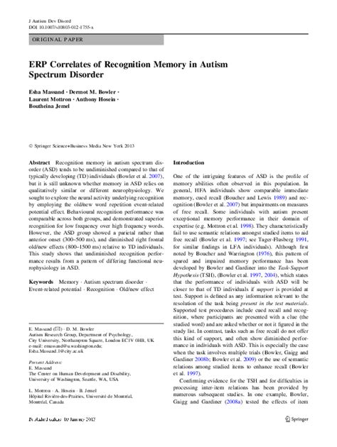 Pdf Erp Correlates Of Recognition Memory In Autism Spectrum Disorder