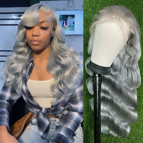 Msviki 13x4 Silver Lace Front Wig Human Hair Grey Loose