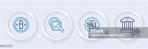 세트 라인 은행 건물 판매 돋보기 및 암호 화폐 동전 비트 코인 아이콘과 가격표 벡터 0명에 대한 스톡 벡터 아트 및 기타 이미지 0명 건축 건축하기 Istock