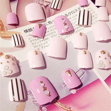 Накладные ногти с клеем 24 шт блестящие фиолетовые розовые жемчужные металлические