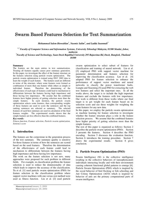 Pdf Swarm Based Features Selection For Text Summarization