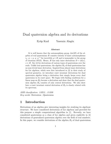 PDF Dual Quaternion Algebra And Its Derivations