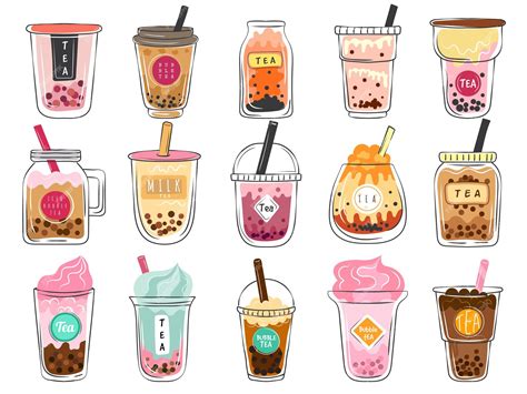 버블티 낙서 플라스틱 컵에 담긴 디저트 아시아 음료는 맛있는 차가운 모카 신선도 차 벡터 삽화 세트입니다 컵티 아이스 버블 카페 메뉴 프리미엄 벡터