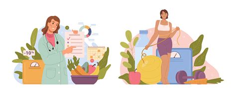 다이어트 계획을 세우는 영양사 전문가 건강한 식습관을 추천하는 영양사 야채와 과일 섭취 평면 만화 캐릭터 벡터 일러스트 레이 션 건강관리와 의술에 대한 스톡 벡터 아트 및