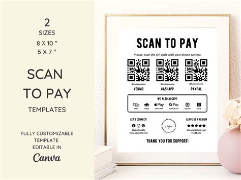 Editable Scan To Pay Template Black White Qr Code Sign Etsy In 2022 Coding Printable Signs