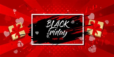 만화 스타일의 계절 판매 개념입니다 블랙 프라이데이 하트가 있는 선물 상자와 추상적인 화려한 휴일 배경에 할인 텍스트가 있습니다