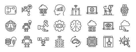 모델 수도꼭지 클라우드 컴퓨팅 진화 문 노트북 로봇 개 벡터 아이콘과 같은 24 개요 웹 인공 지능 아이콘 세트 보고서 프리젠 테이션 다이어그램 웹 디자인 모바일에 대한