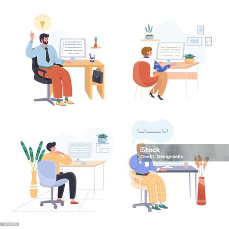 작업 개념 장면 세트를 프로그래밍합니다 컴퓨터에서 코딩하는 코더 또는 프로그래머 쓰기 프로그램 사무실 작업장 사람들의 활동 수집