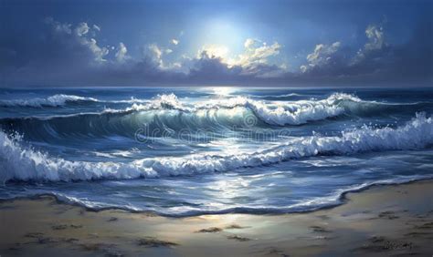 Ocean Waves Crashing On Shore At Sunset Vibrant Blue Water Foamy Surf Dramatic Clouds Serene