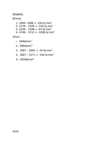 Bond Enthalpy Calculations Bsg And Answers Teaching Resources