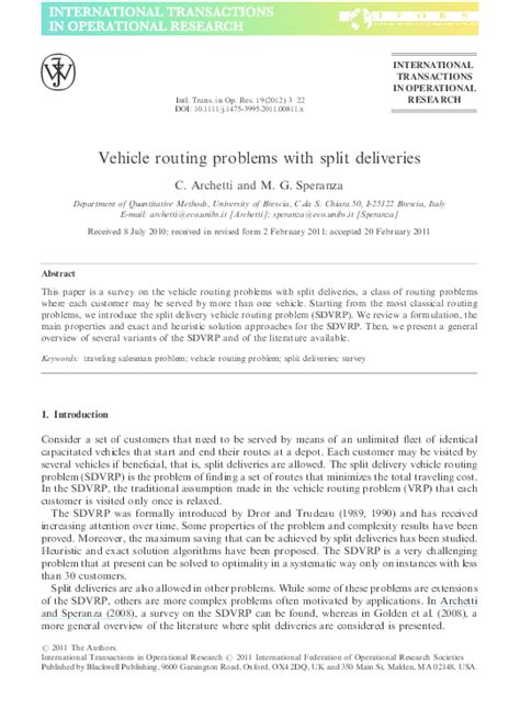 Pdf Vehicle Routing Problems With Split Deliveries