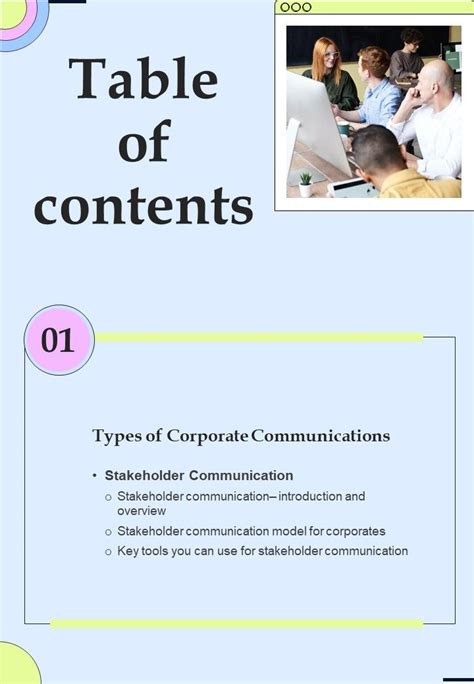 Table Of Contents Corporate Communication Playbook One Pager Sample Example Document Ppt Sample