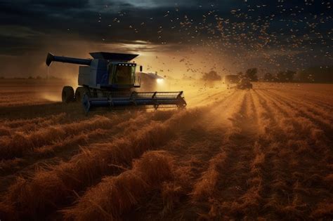 수확 밀 곡물 트랙터 콤바인 수확기 농업의 마지막 단계에서 일련의 작업 수확된 작물 비옥도 및 가족 복지 성숙한 농산물 및 식품