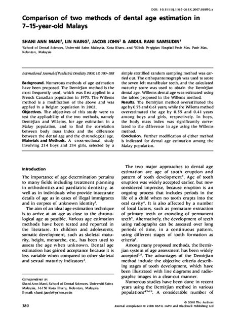Pdf Comparison Of Two Methods Of Dental Age Estimation In 7 15 Year Old Malays