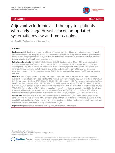 Pdf Adjuvant Zoledronic Acid Therapy For Patients With Early Stage Breast Cancer An Updated