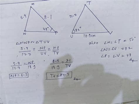 [solved] Triangles Mnp And Tuv Are Similar Find The Missing Side And