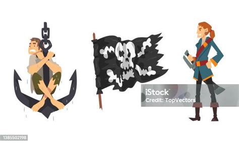 남자 해적 또는 버커니어 캐릭터 는 칼과 함께 서 앵커 벡터 세트에 앉아 해적에 대한 스톡 벡터 아트 및 기타 이미지 해적 문화 벡터 Istock