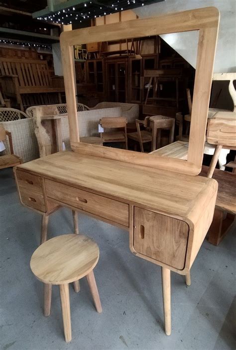 Rustic Wooden Dressing Table With Mirror And Stool