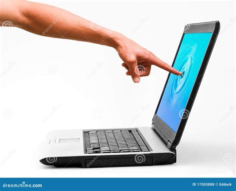 A Man Touching A Notebook Computer Screen Stock Photo Image Of Human