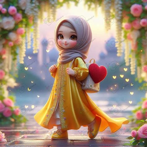 بک گراند کودکانه دختر کوچولوی ناز با حجاب با کوله پشتی قلب دار در حال قدم زدن کد 43268 ویژه عکس