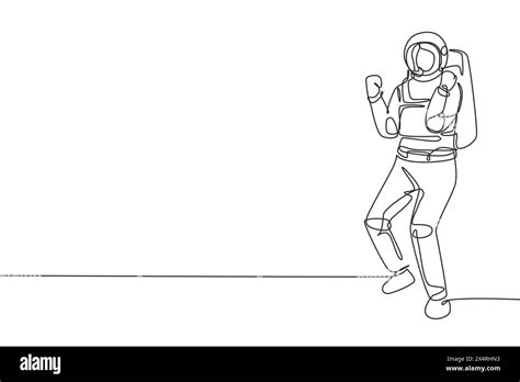 Single One Line Drawing Female Astronaut Stands With Celebrate Gesture Wearing Space Suit