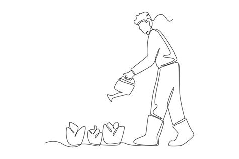 연속 한 줄 그리기 남자 농부 정원 농업 개념에서 식물에 물을 주는 단일 선 그리기 디자인 벡터 그래픽 그림 프리미엄 벡터
