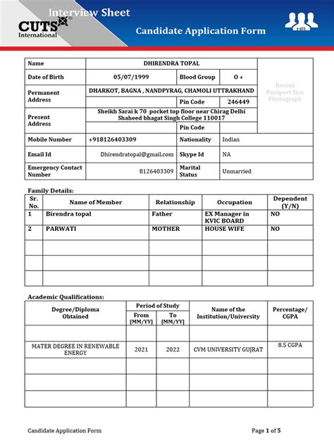Candidate Application Form Pdf