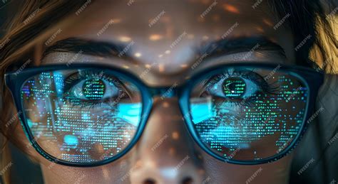 Premium Photo Closeup Of Enlarged Female Eyes Behind Glasses That Reflect The Programming Code