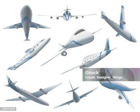 상용 항공 함대에 대한 다른 위치에 비행기의 세트 항공기 수송 민간 항공기 여행 및 항공 기호 날개 비행 운송 3차원 형태에 대한 스톡 벡터 아트 및 기타 이미지 Istock